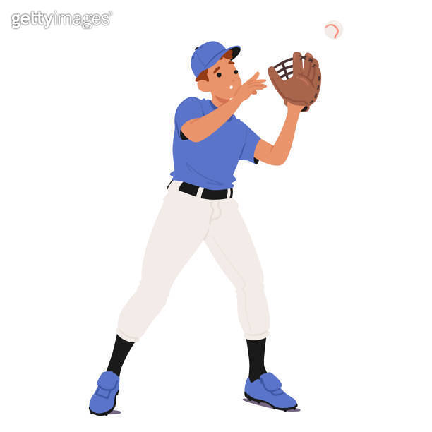 Baseball Player Fielder Character In A Blue Uniform Focused On Catching ...