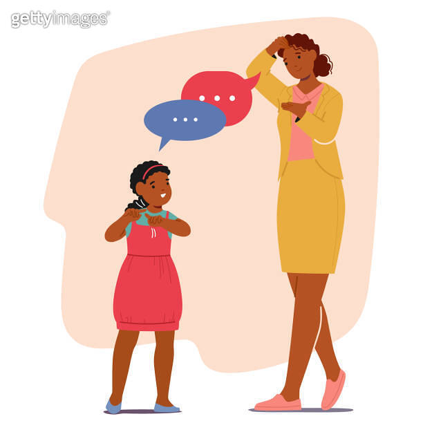 Cartoon Girl And Woman Are Engaging In A Conversation Using Sign ...