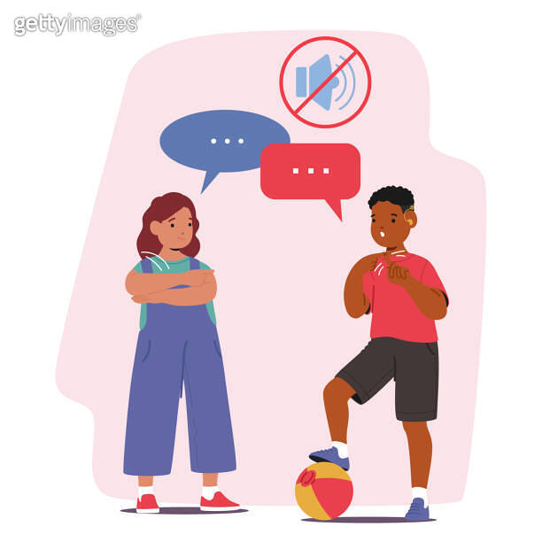Girl And Boy Communicating In Sign Language. The Boy Has A Ball Under ...