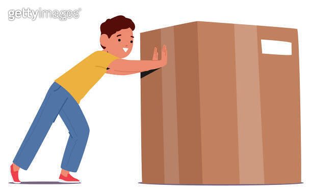 Smiling Child Boy Character In A Yellow Shirt And Blue Pants Pushing A ...