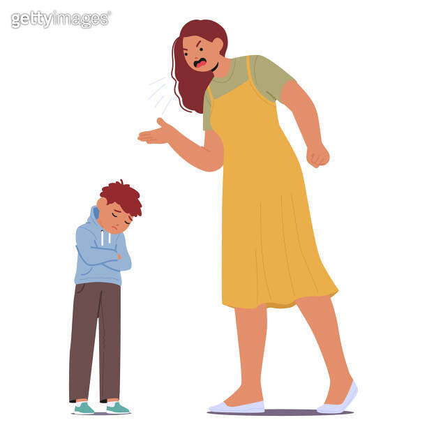 Angry Mother Character With Furious Face And Raised Voice, Towers Over ...