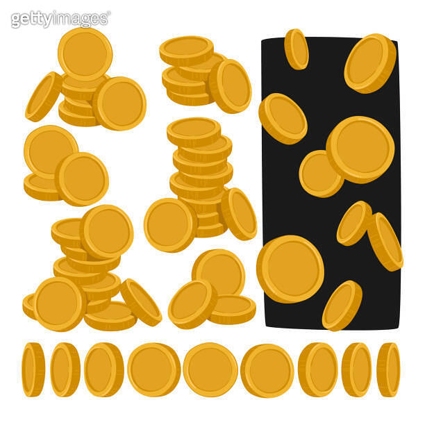Golden Coins Piles, Falling or Spinning Animation Sprite, Cartoon ...