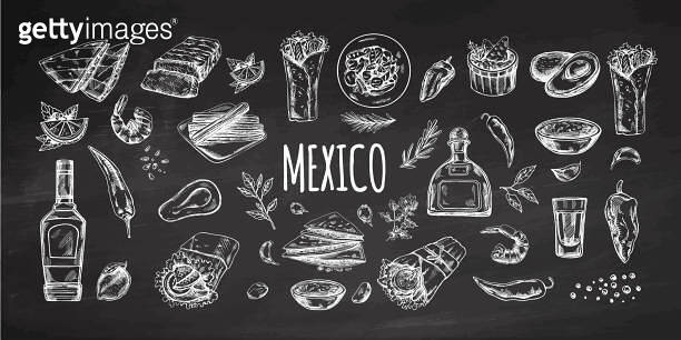 Hand-drawn set of realistic mexican elements. Vintage sketch drawings ...