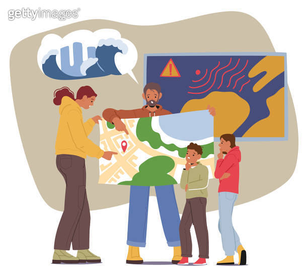 Cartoon Family Characters Planning Disaster Prevention With A Large Map ...