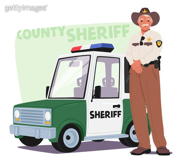 Cartoon Sheriff Standing Confidently Beside A Police Car With Green ...