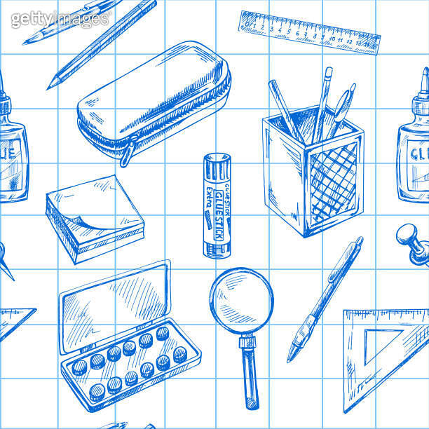 Back to School, hand drawn school supplies seamless pattern. Doodle ...