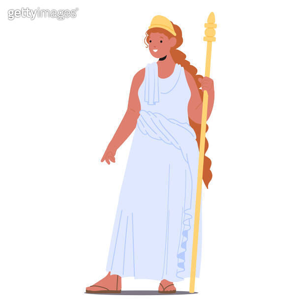 Cartoon Hera Ancient Greek Deity Holding A Golden Staff Wearing A White ...