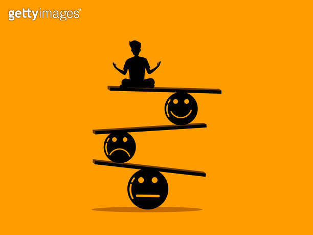 Balance positive and negative thoughts. man balances a smile and a sad ...