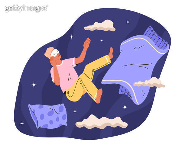 Young man asleep with sleeping mask. Human floating in air amidst ...
