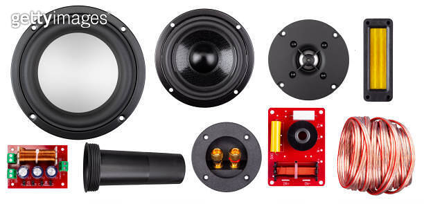 Set collection of audio components like tweeter sub woofer speaker ...