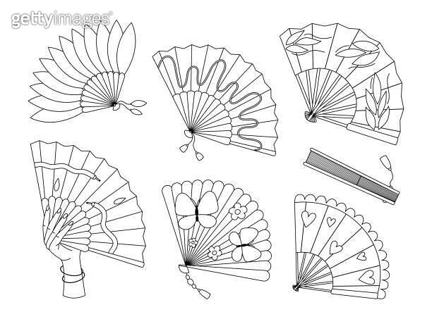 Hand fans coloring page. Asian traditional folding souvenir. Cooling ...
