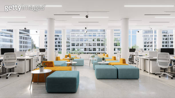 Modern Open Plan Office Space With Office Chairs, Tables, Computers And ...