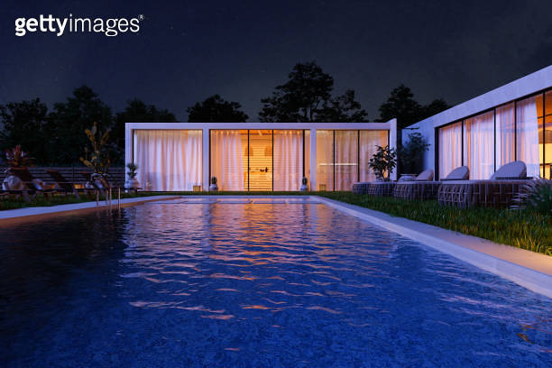Luxury Villa Exterior With Swimming Pool And Lounge Chairs At Night 이미지 ...
