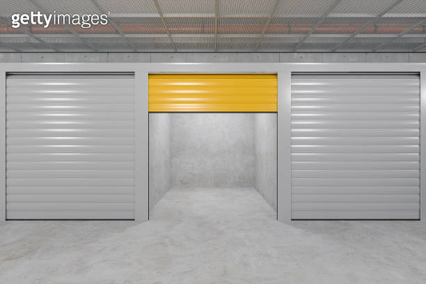 Front View Of Self Storage Units With Roller Doors. Empty Open Unit ...
