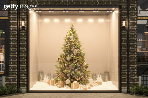 Christmas Store Window Display At Night With Christmas Tree, Ornaments ...
