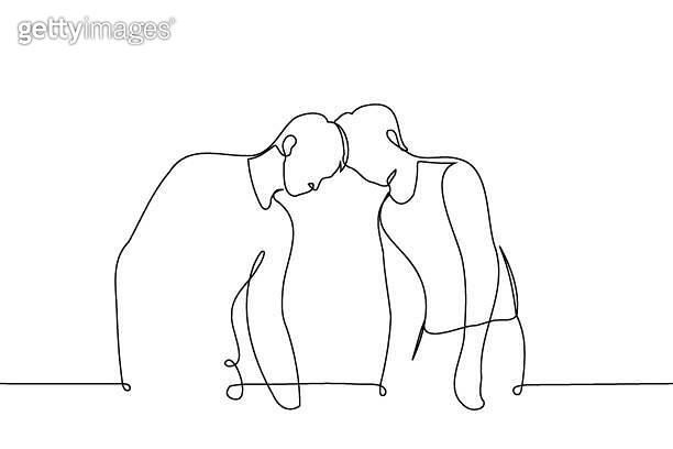 men standing resting their foreheads against each other - one line art ...