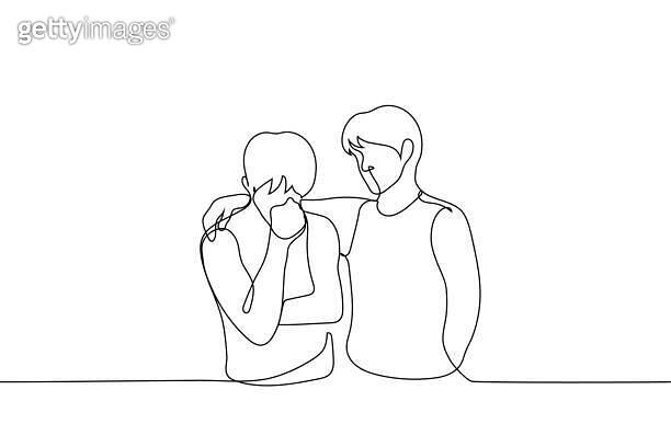 man bowed his head and is sad, and his friend comforts him by embracing ...