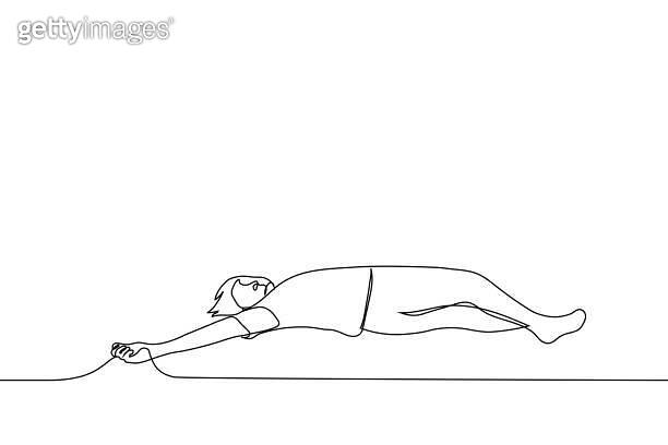 man lying on the floor - one line drawing vector. concept fatigue, fainting, loss of ...