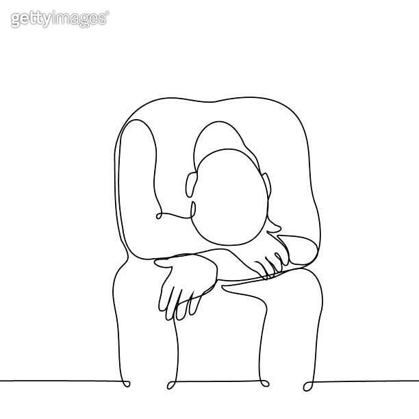 man sitting with head down - one line drawing vector. concept grieve ...