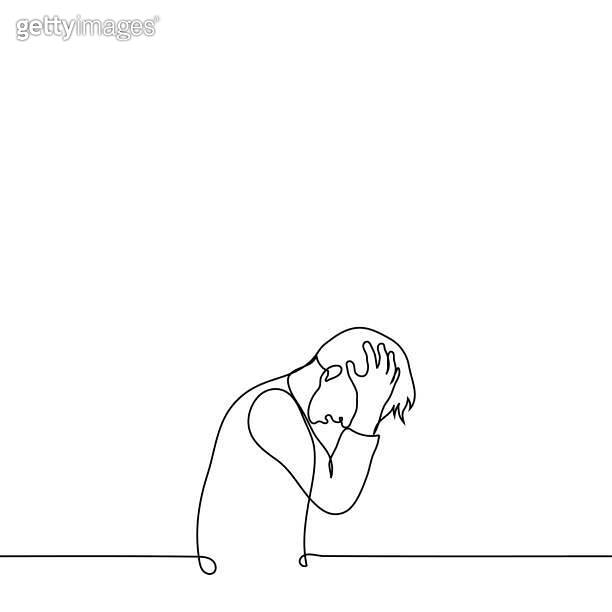 man bent over clutching his head - one line drawing vector. concept ...