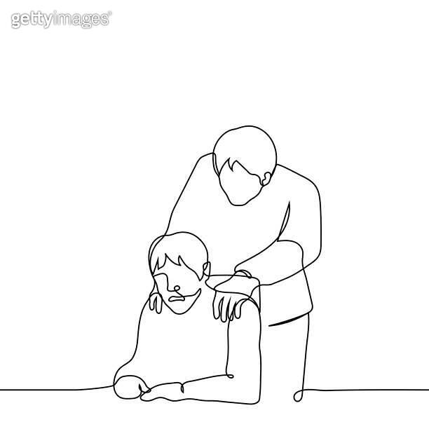 man is holding another upset man - one line drawing vector. comfort ...