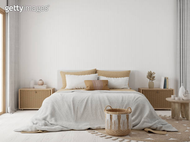 White boho bedroom with wooden and rattan furniture. 3d rendering 이미지 ...