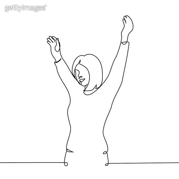 excited woman smiling happily raising both hands up - one line art ...