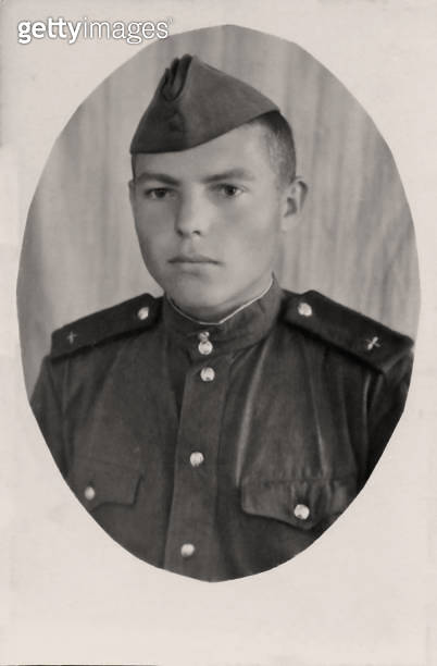 Portrait of a soldier of the Soviet Army. Vintage black and white photo ...