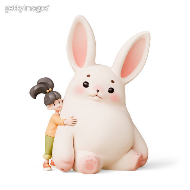 3d render child girl hugging plush Easter bunny. 이미지 (2147683340) - 게티이미지뱅크
