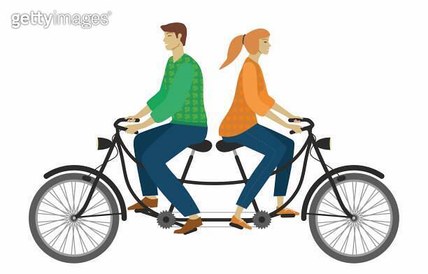 Man and woman riding same bike in different directions, a metaphor of different goals, argument ...