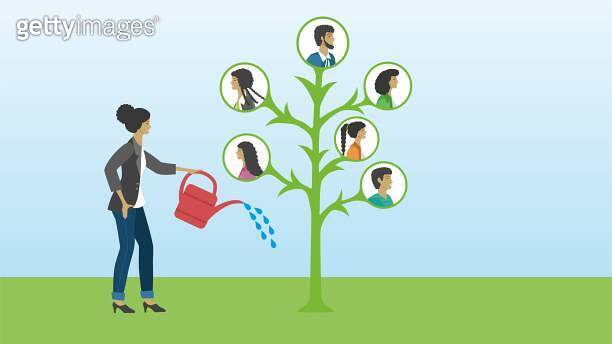 Good leadership with care of employees. Watering tree with growing ...