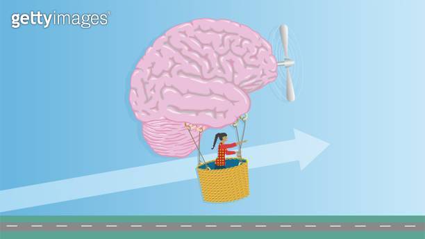 Woman flying hot air balloon with big brain. Determination and goals ...