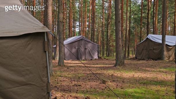 Scout Group Summer Camp Tarpaulin Tarp Canvas Tent Shelters Deployed in ...