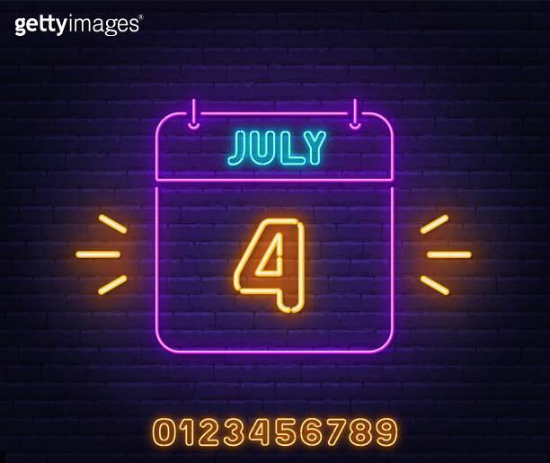 Neon Calendar Sign on brick wall background. 4 July text. 이미지 ...