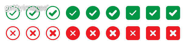 Right or wrong icons. Green tick and red cross checkmarks in circle ...