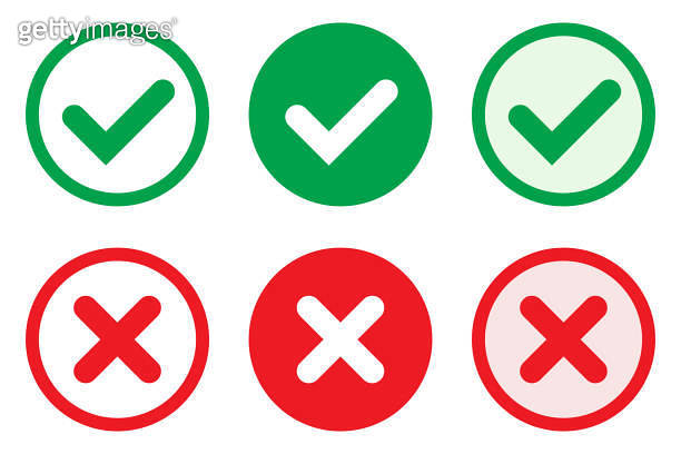 Right or wrong icons. Green tick and red cross checkmarks in circle ...