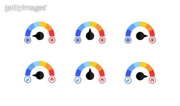 Cold and heat indicator icons. Flat, color, set of speedometers ...