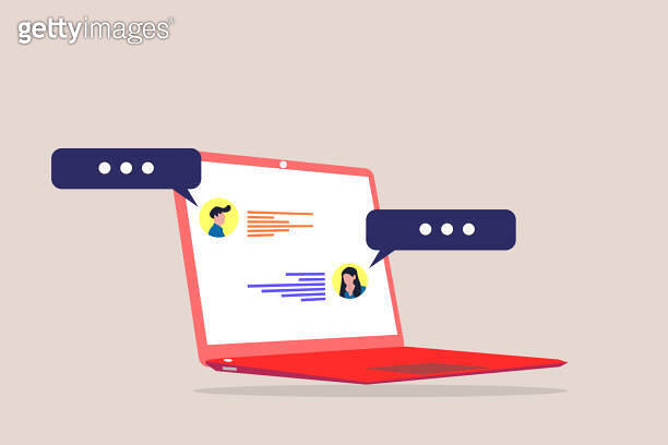 Communication laptop application chat screen concept. Happy characters ...
