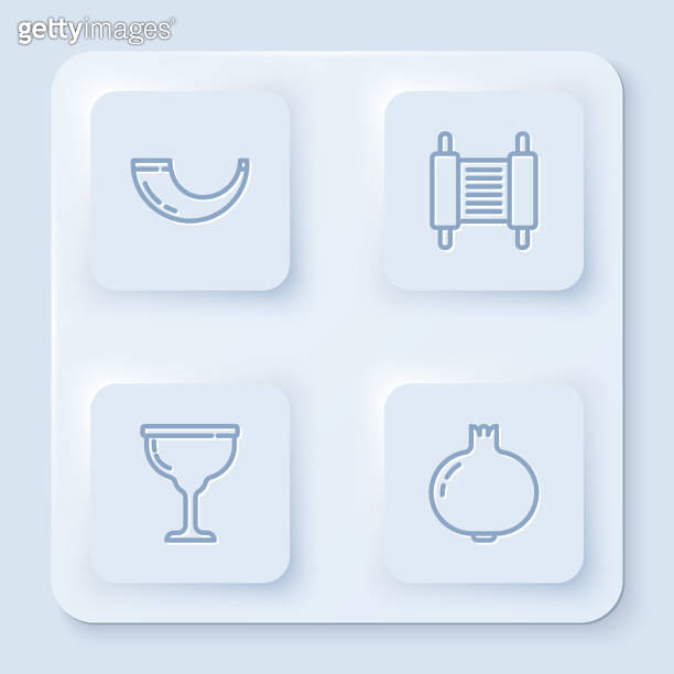 Set line Traditional ram horn, shofar, Torah scroll, Jewish goblet and ...