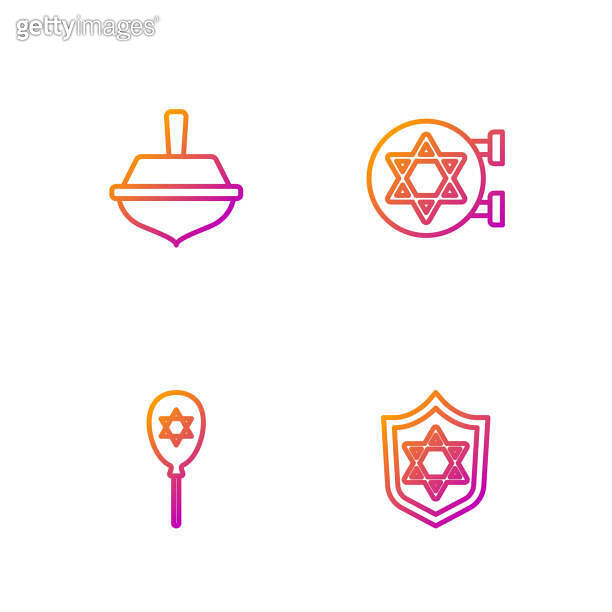 Set line Shield with Star of David, Balloon star david, Hanukkah dreidel and Jewish synagogue ...