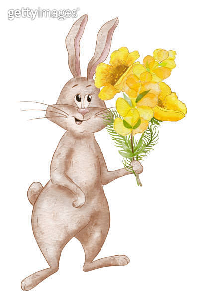 Rabbit. Eared cheerful rabbit with a bouquet of yellow flowers ...