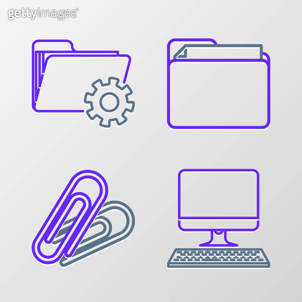 Set line Computer monitor with keyboard, Paper clip, Document folder and Folder settings gears ...