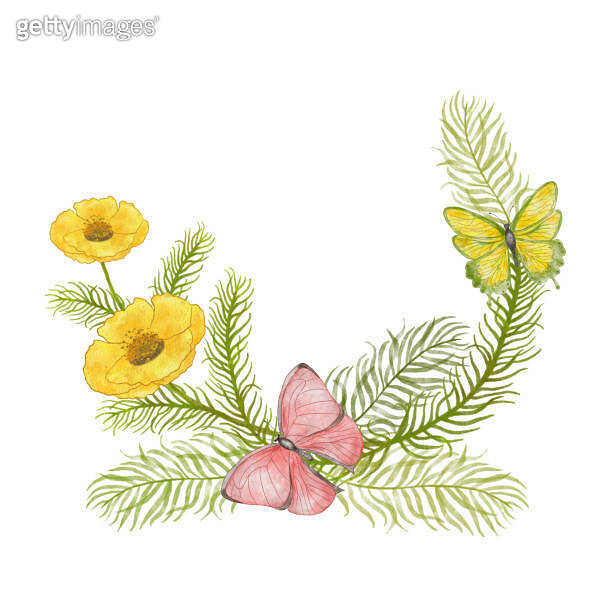 Floral wreath frame. Gentle frame with yellow flowers and butterflies ...