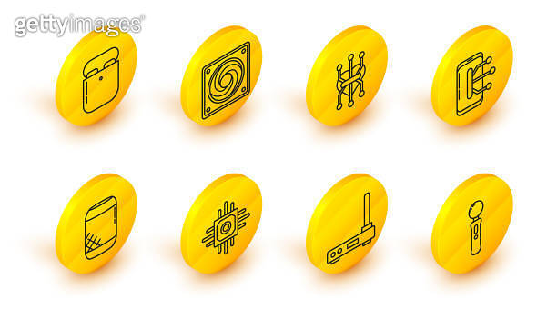 Set line Gamepad, Router and wi-fi signal, Processor, Voice assistant, Smartphone, mobile phone ...