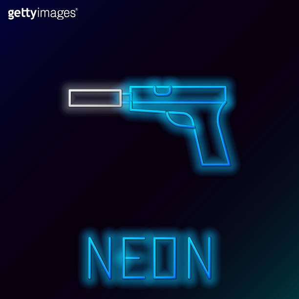 Glowing neon line Pistol or gun with silencer icon isolated on black ...