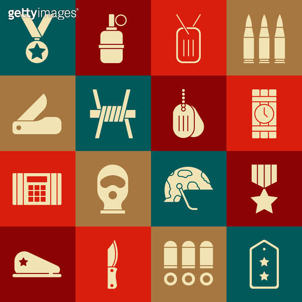 Set Military rank, reward medal, Dynamite and timer clock, dog tag ...