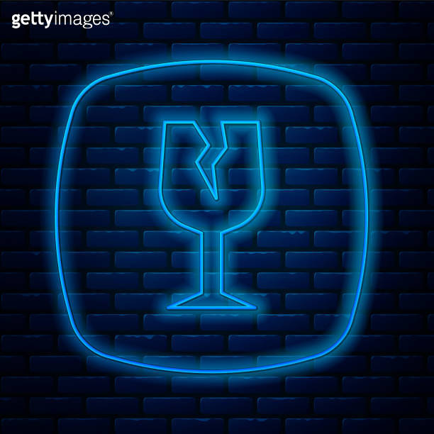 Glowing neon line Fragile broken glass symbol for delivery boxes icon isolated on brick wall ...