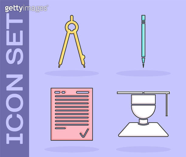 Set Graduate and graduation cap, Drawing compass, Exam sheet with check ...