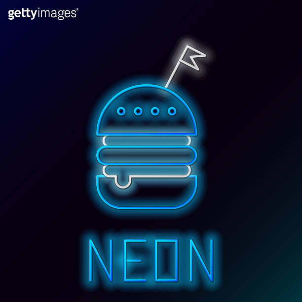 Blue glowing neon line Burger icon isolated on black background ...