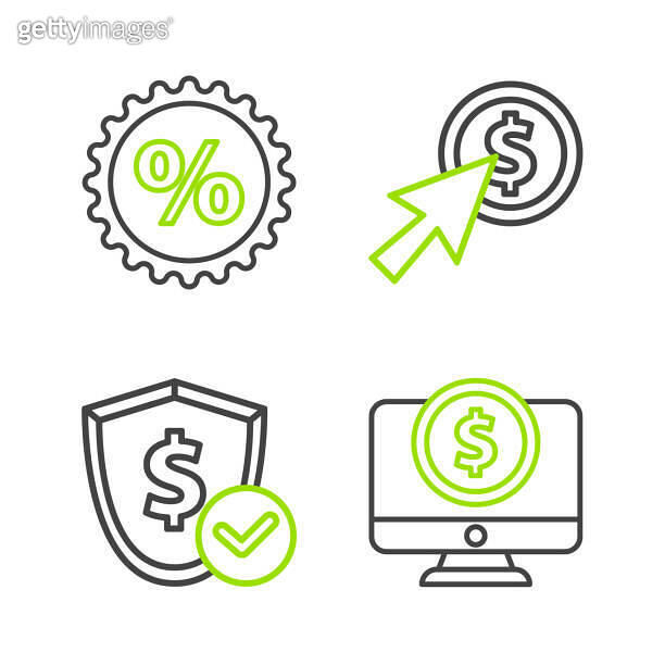 Set line Computer monitor with dollar, Shield, Cursor and coin and Discount percent tag icon ...